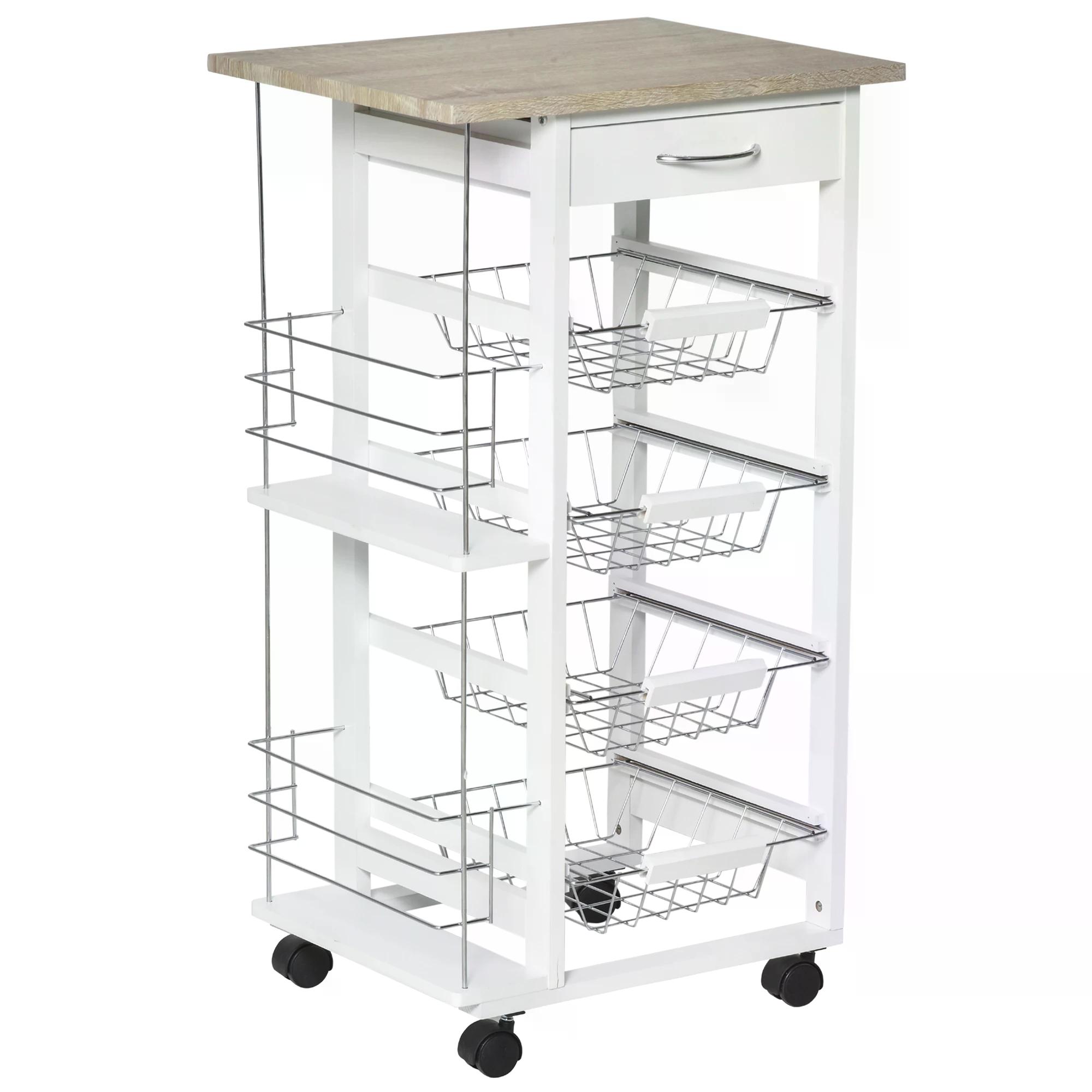 HOMCOM Multi-Use Kitchen Island Trolley w/ 4 Baskets 2 Side Racks ...