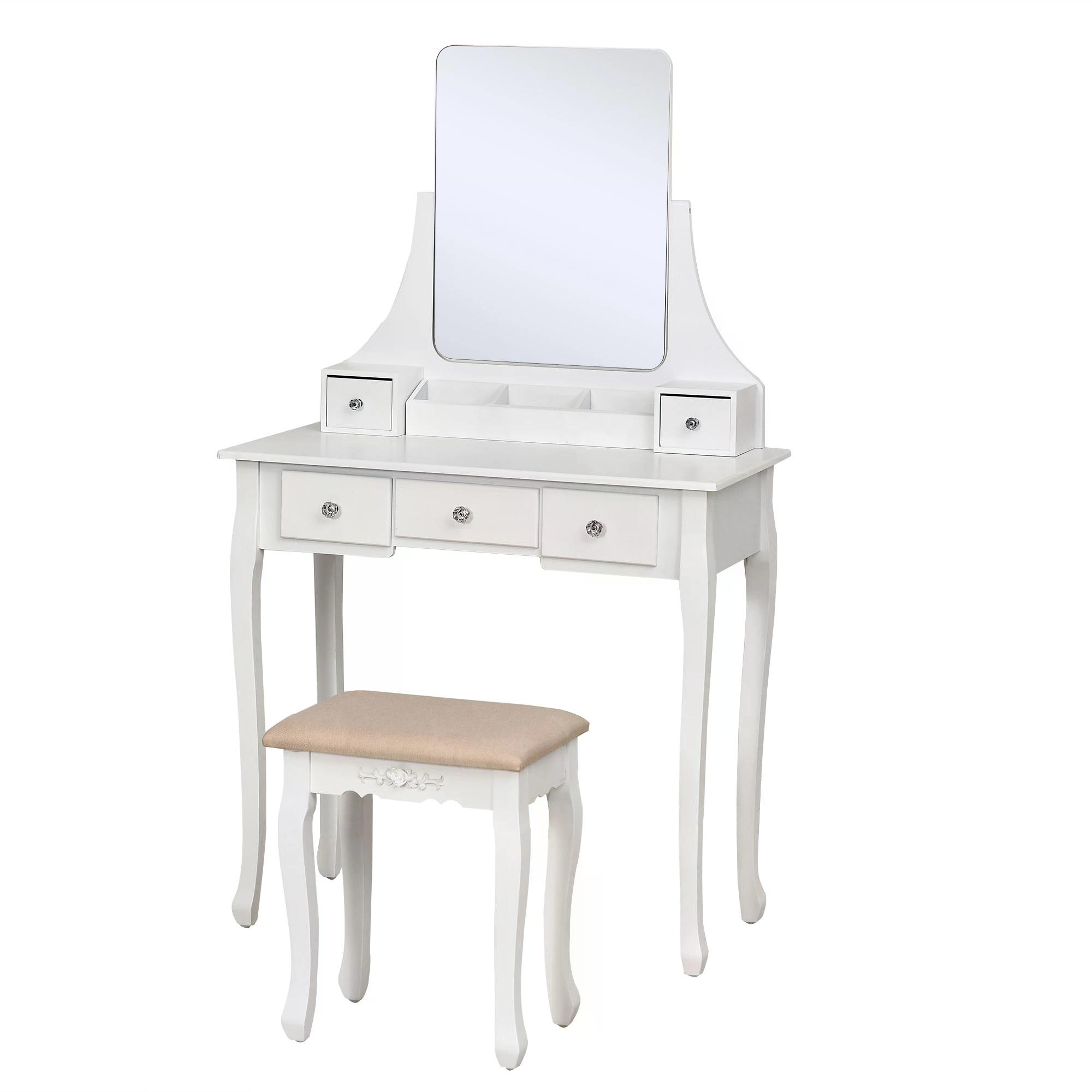 HOMCOM Dressing Table Set with 360° Spin Mirror and Cushioned Stool ...