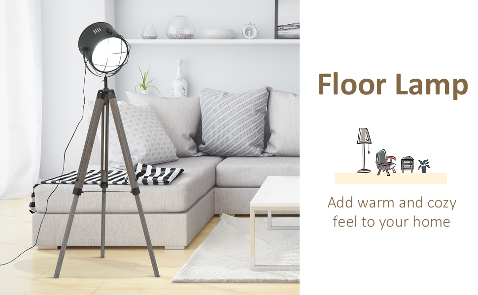 HOMCOM Pine Wood Tripod Spotlight Floor Lamp Brown/Black | Aosom UK