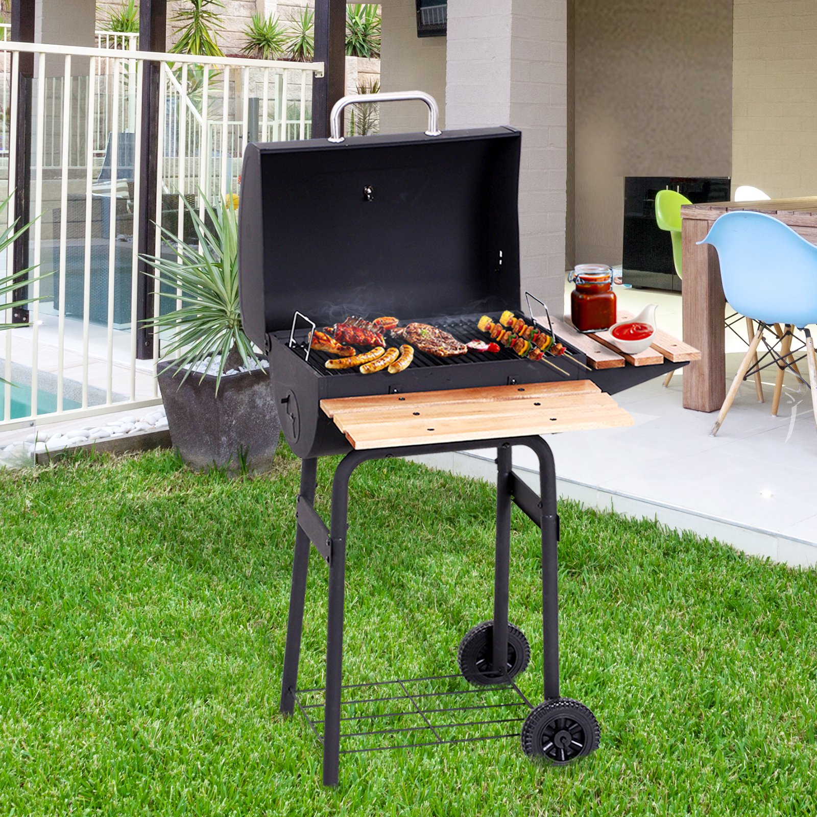 Outsunny® Kohlegrill Grillwagen Standgrill mit Thermometer 3 x Ablage ...