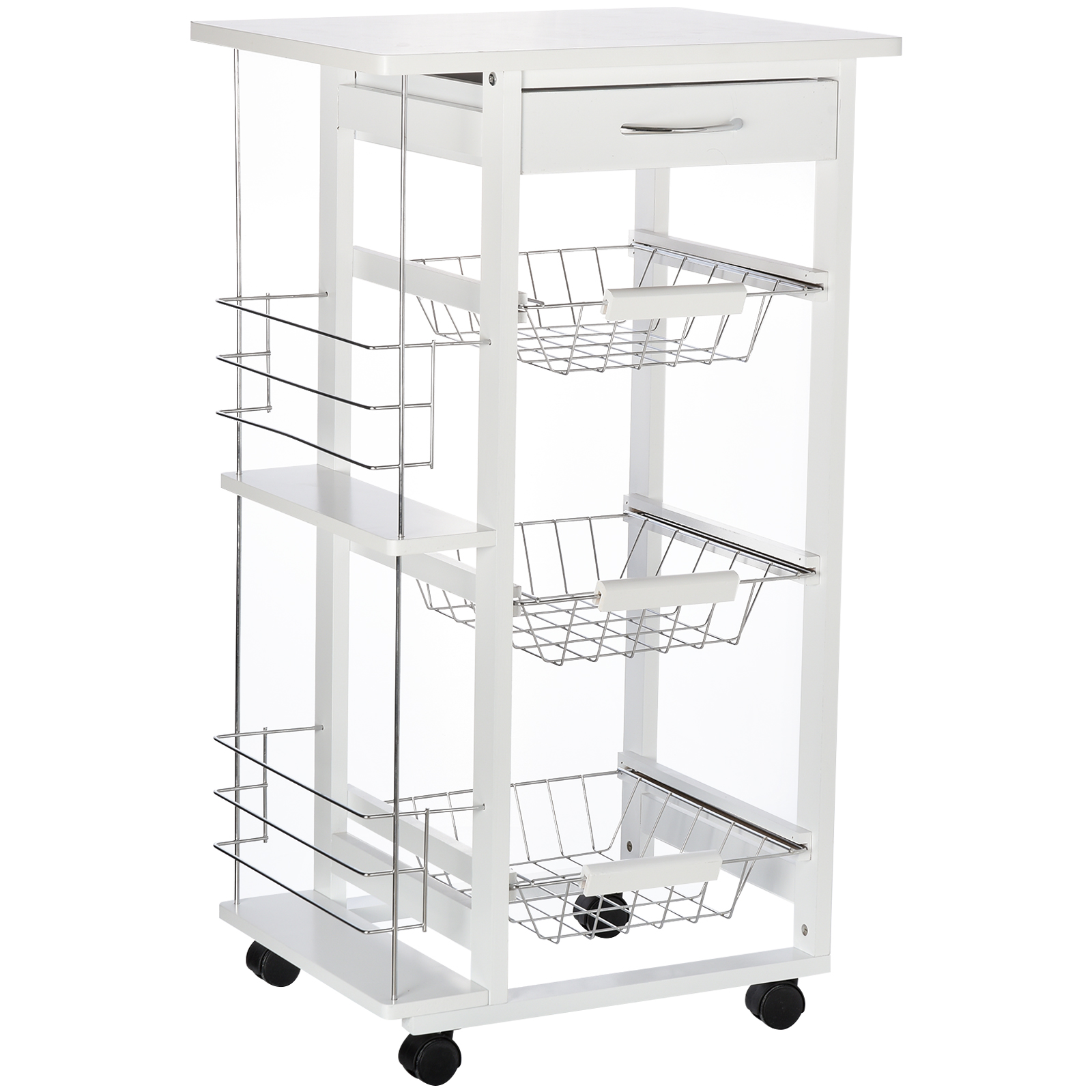HOMCOM 3-Tier Kitchen Cart Wood Top Movable Trolley with Drawer Baskets ...