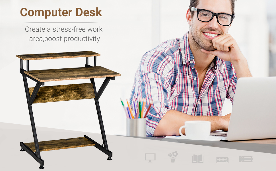 HOMCOM Compact Computer Table, R Shape Desk with Monitor Shelf and ...