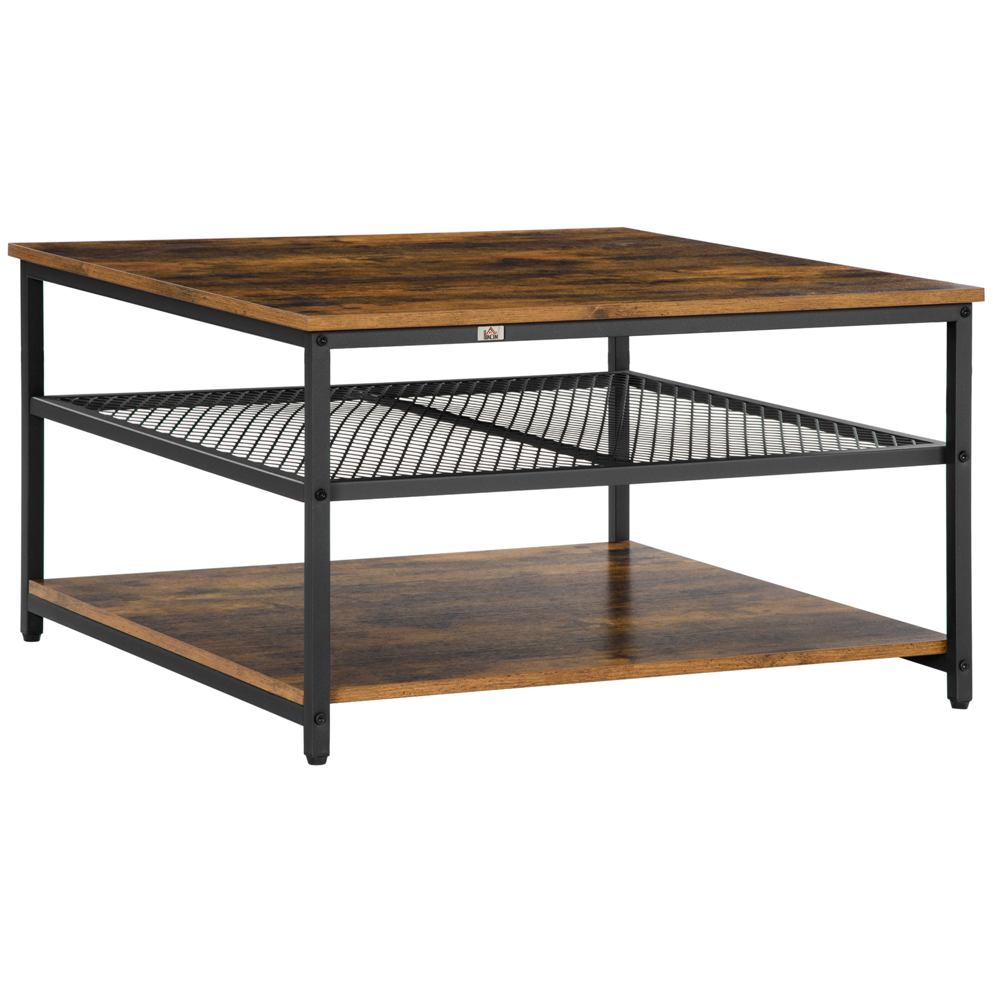 HOMCOM Large Square Coffee Table, Industrial w/ 3-Tier Storage Shelves ...
