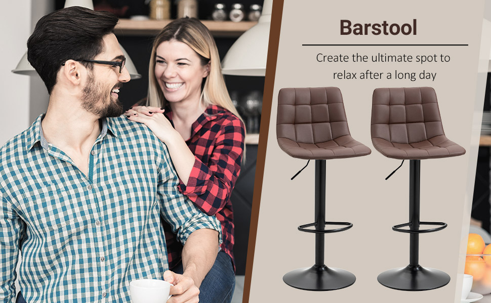 HOMCOM Bar Stools Set of 2, Adjustable Breakfast Dining Stools for ...