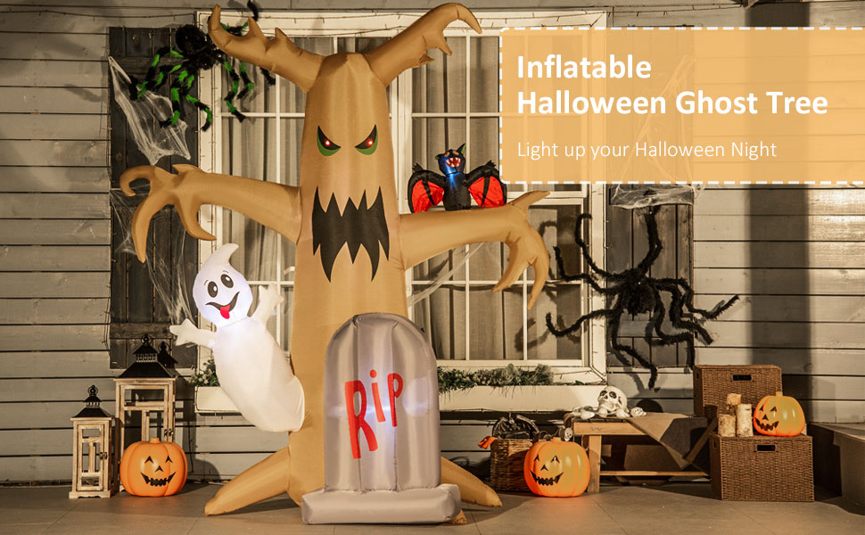 Outsunny 8ft Inflatable Halloween Ghost Tree with White Ghost and ...