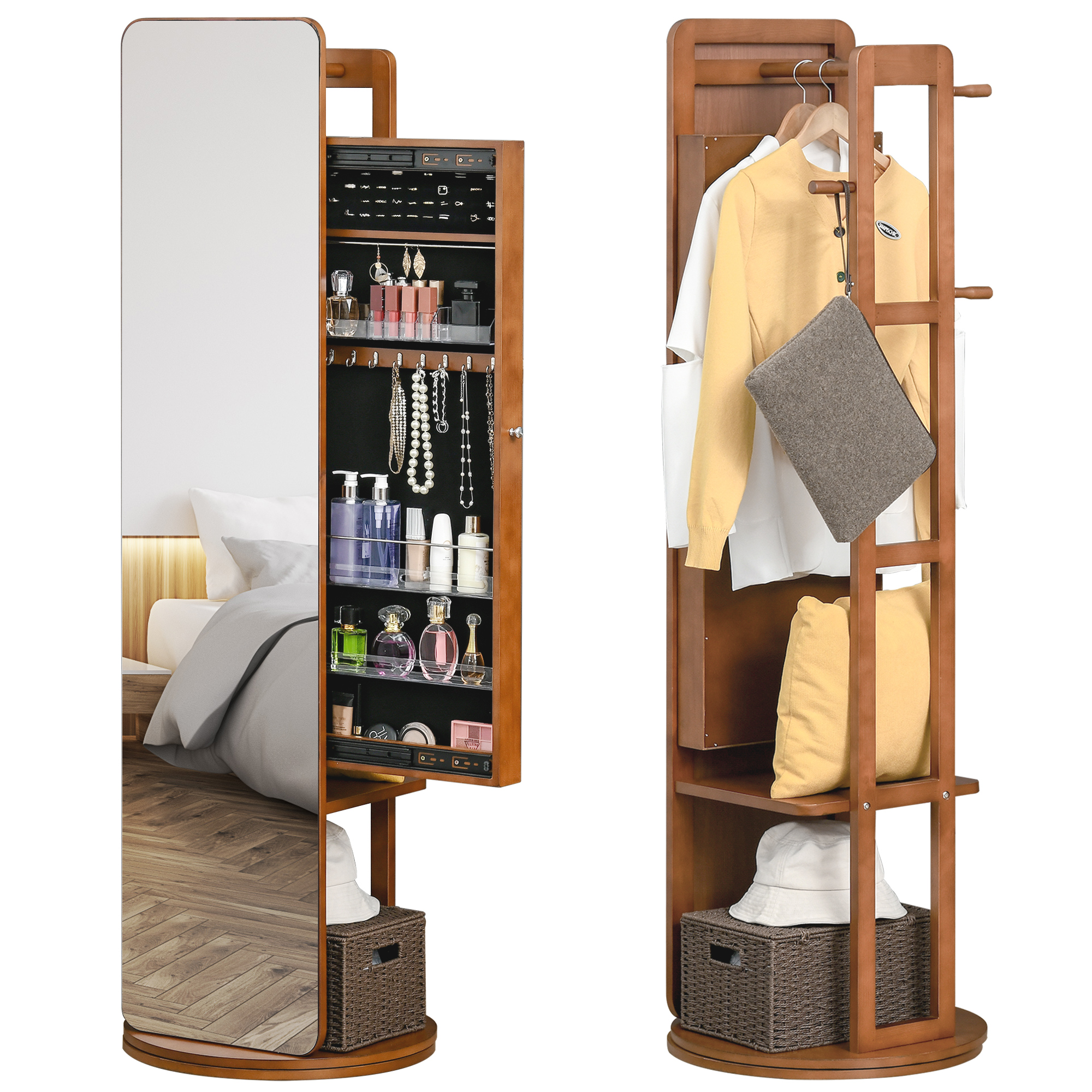 HOMCOM Full Length Mirror with Jewelry Cabinet, Hanging Cloth Bar, Coat ...