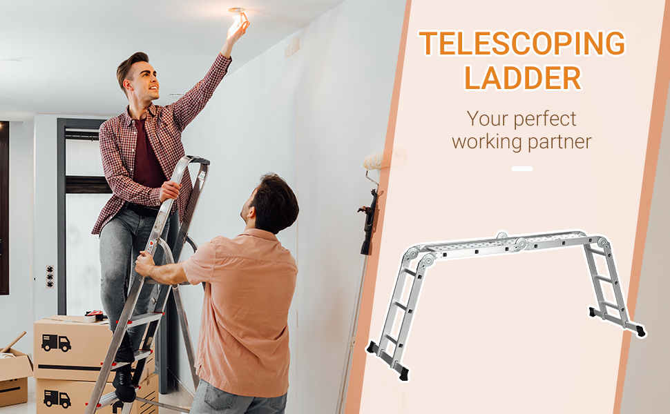 DURHAND 3.4M Multi-Position Telescoping Ladder with 2 Safety Platforms ...