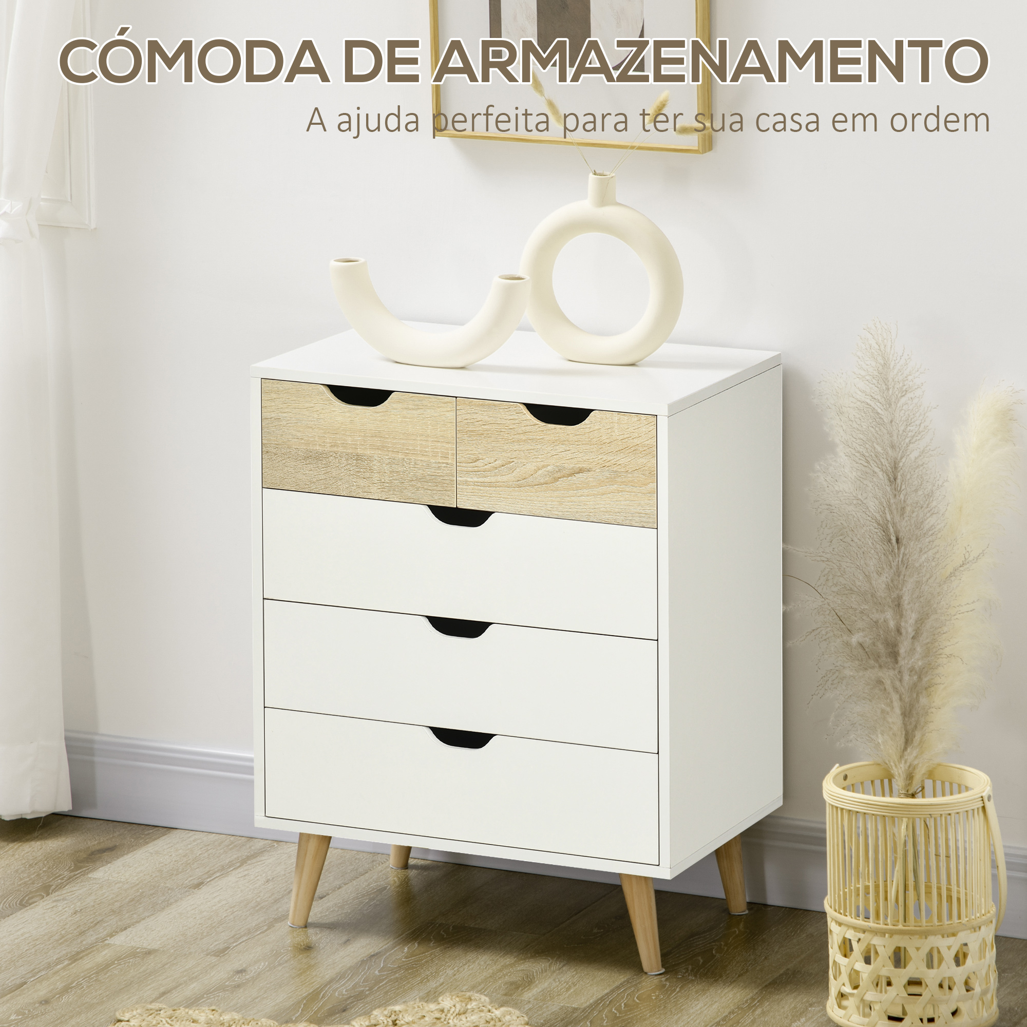 HOMCOM Cómoda com 5 Gavetas e Pés Elevados Cómoda para Dormitório ...