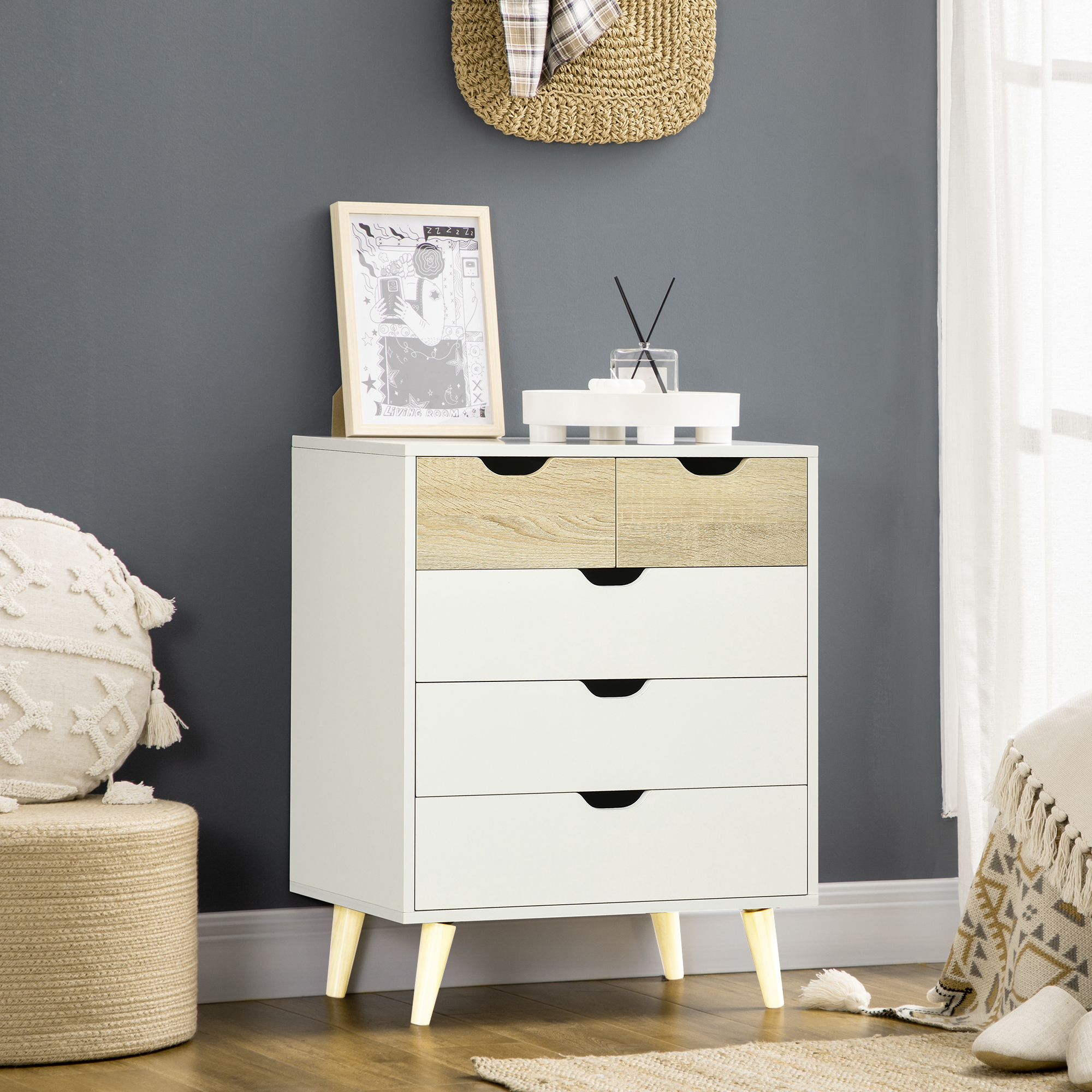 HOMCOM Cómoda com 5 Gavetas e Pés Elevados Cómoda para Dormitório ...