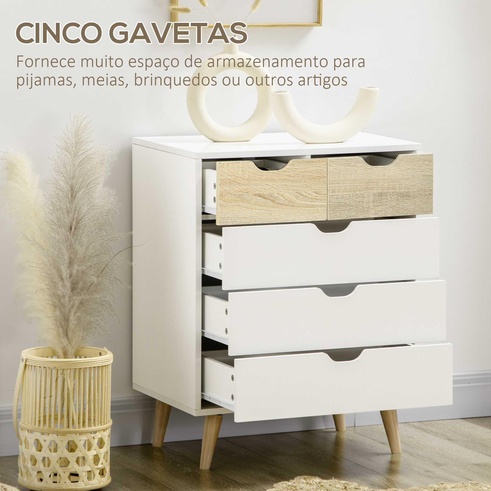 HOMCOM Cómoda com 5 Gavetas e Pés Elevados Cómoda para Dormitório ...