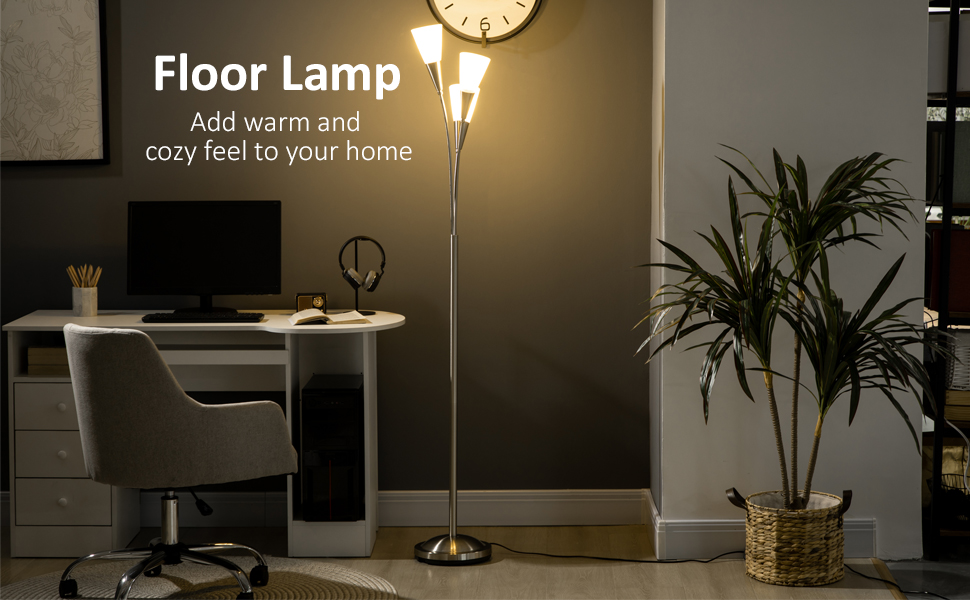 HOMCOM 3-Light Upright Floor Lamps for Living Room, Modern Standing ...