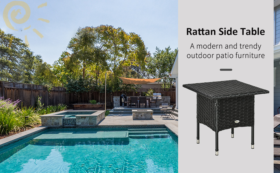 Outsunny Rattan Side Table, Outdoor Coffee Table, with Plastic Board ...