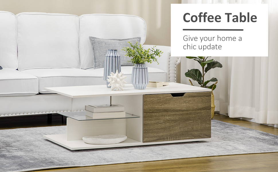 HOMCOM Coffee Table, Modern Tea Table with Tempered Glass Shelves, and ...