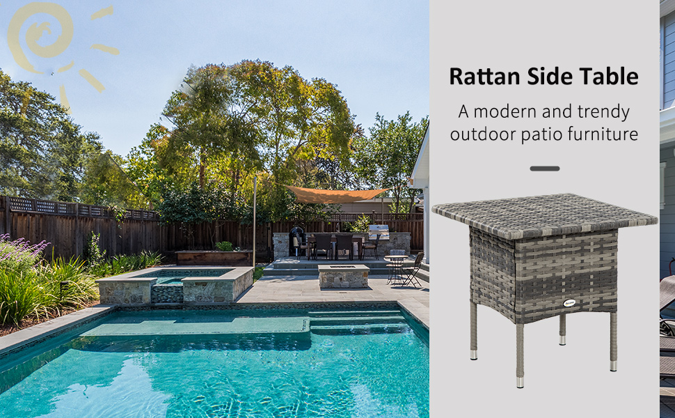 Outsunny Rattan Side Table, Outdoor Coffee Table, with Plastic Board ...