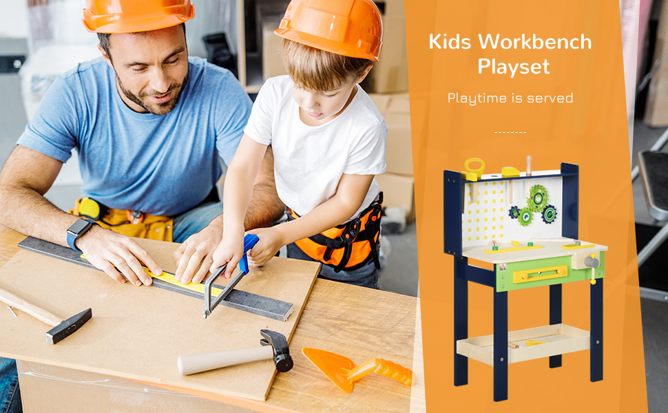 HOMCOM Wooden Toy Workbench Kids Tool Bench Pretend Play with Wooden ...