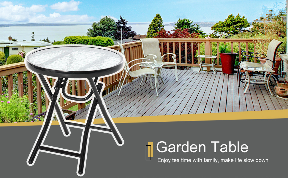 Outsunny Foldable Garden Table, Round Folding Table with Glass Tabletop ...