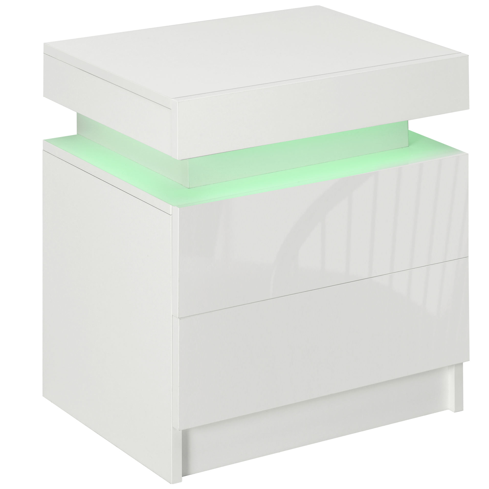 HOMCOM White Bedside Table with LED Light, High Gloss Front Nightstand ...