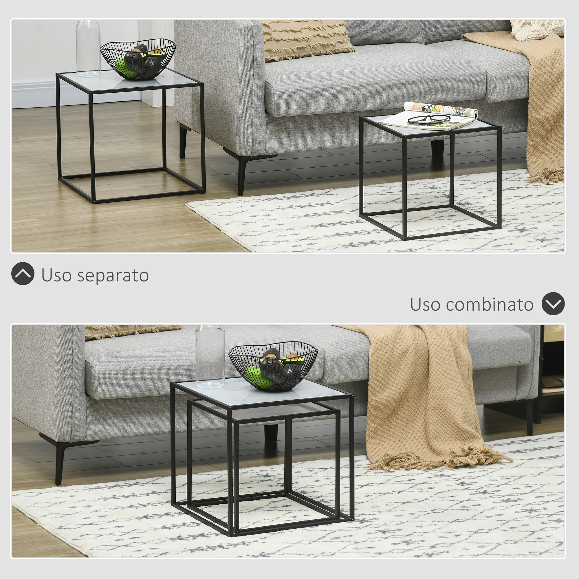HOMCOM Set da 2 Tavolini da Salotto Impilabili Nero e color Marmo ...