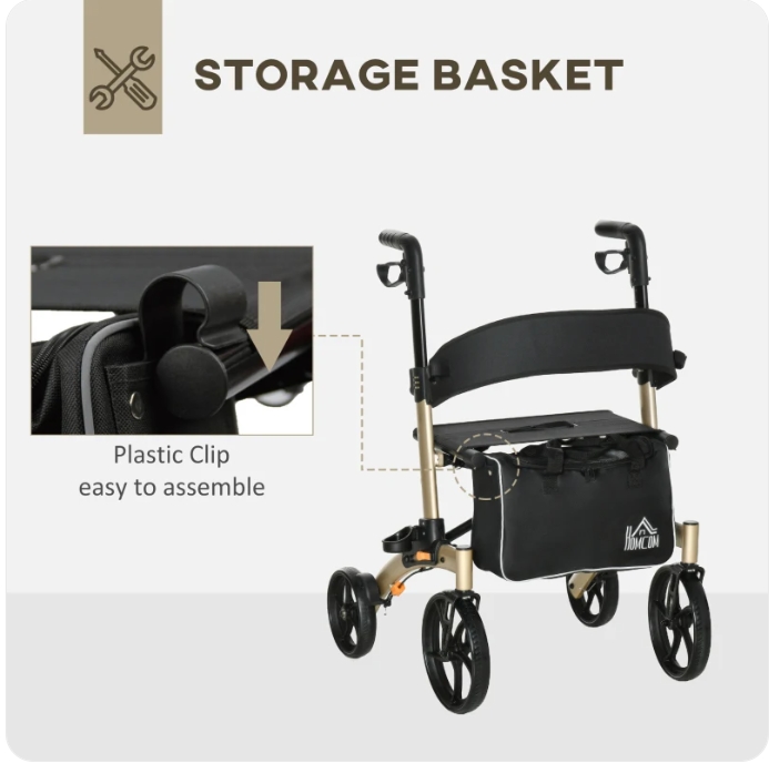HOMCOM Folding Rollator with Cane Holder, Adjustable Handle Height and ...