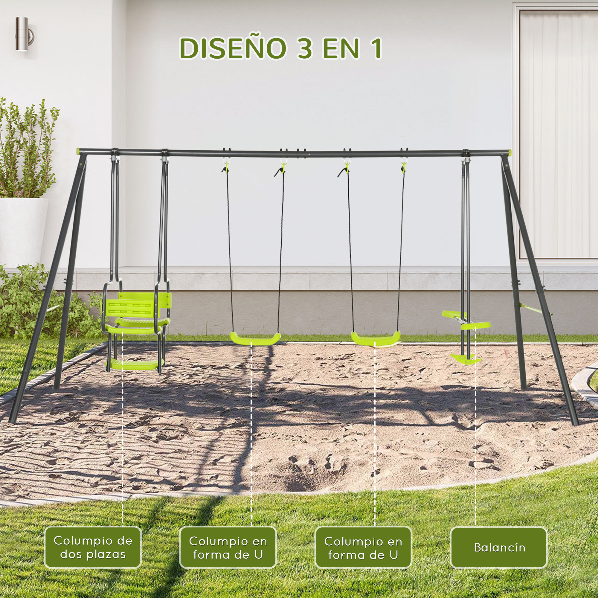 Outsunny Columpio Infantil para Exterior con 6 Asientos con Marco de ...