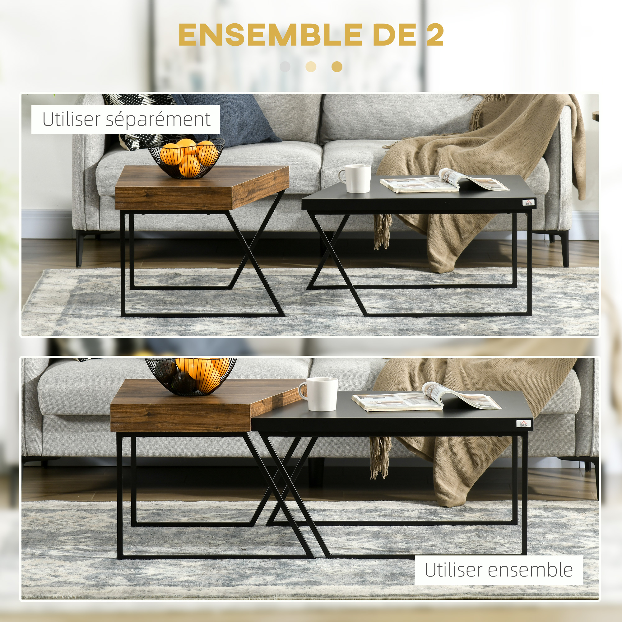 HOMCOM Lot de 2 tables basses design industriel géométrique - effet ...