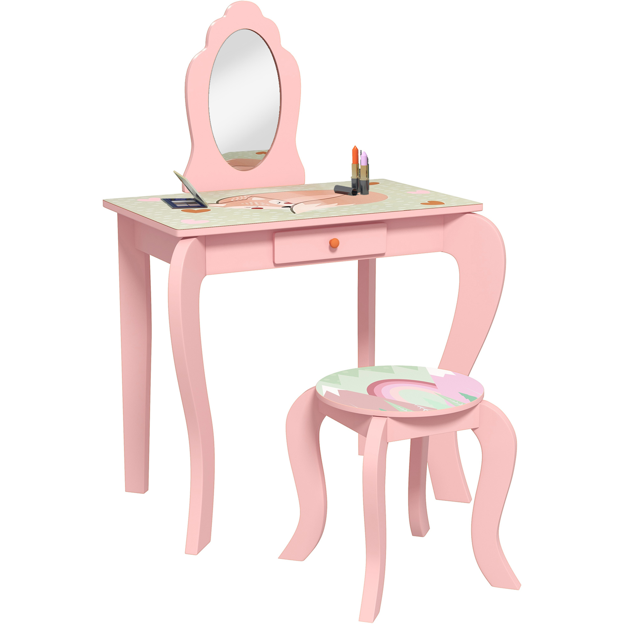 ZONEKIZ Kids Dressing Table with Mirror and Stool, Girls Vanity Table ...