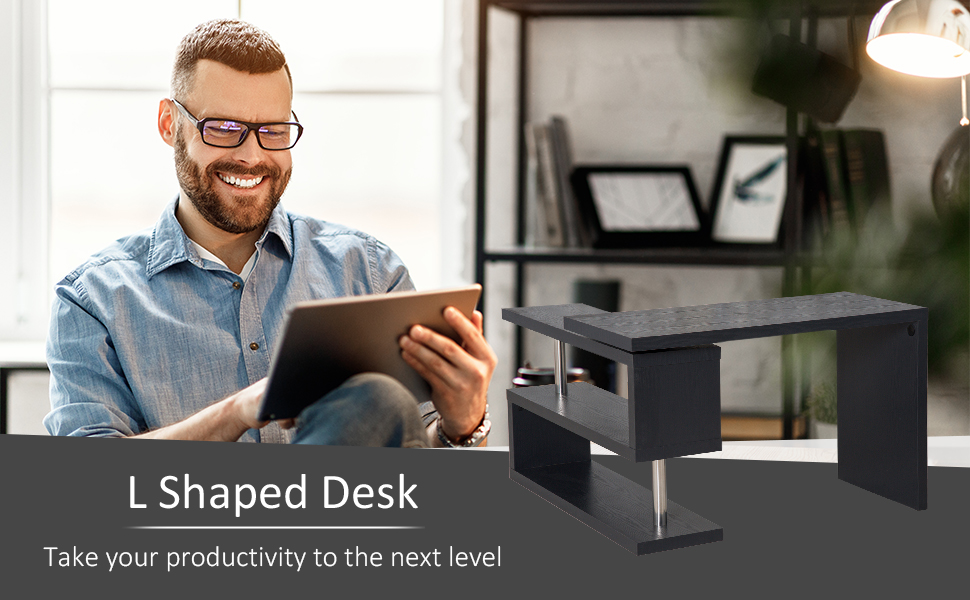 HOMCOM Black Corner Desk, 360° Rotating Home Office Writing Table ...