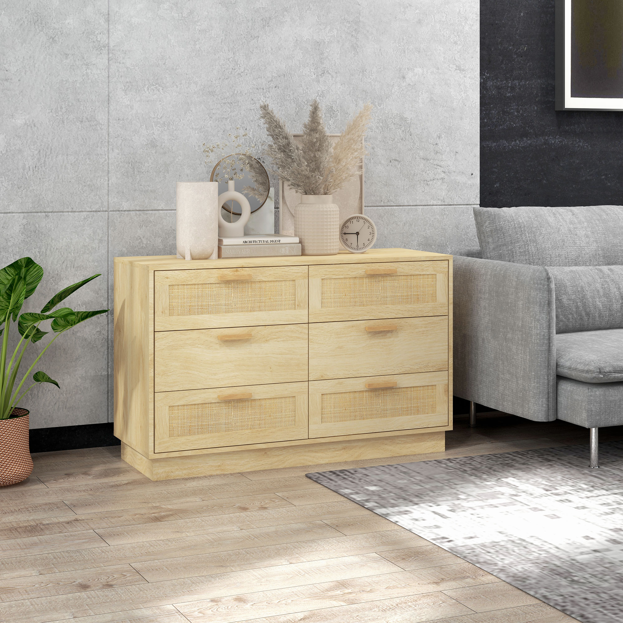 HOMCOM Cómoda para Quarto Cómoda de Madeira com 6 Gavetas de Vime ...