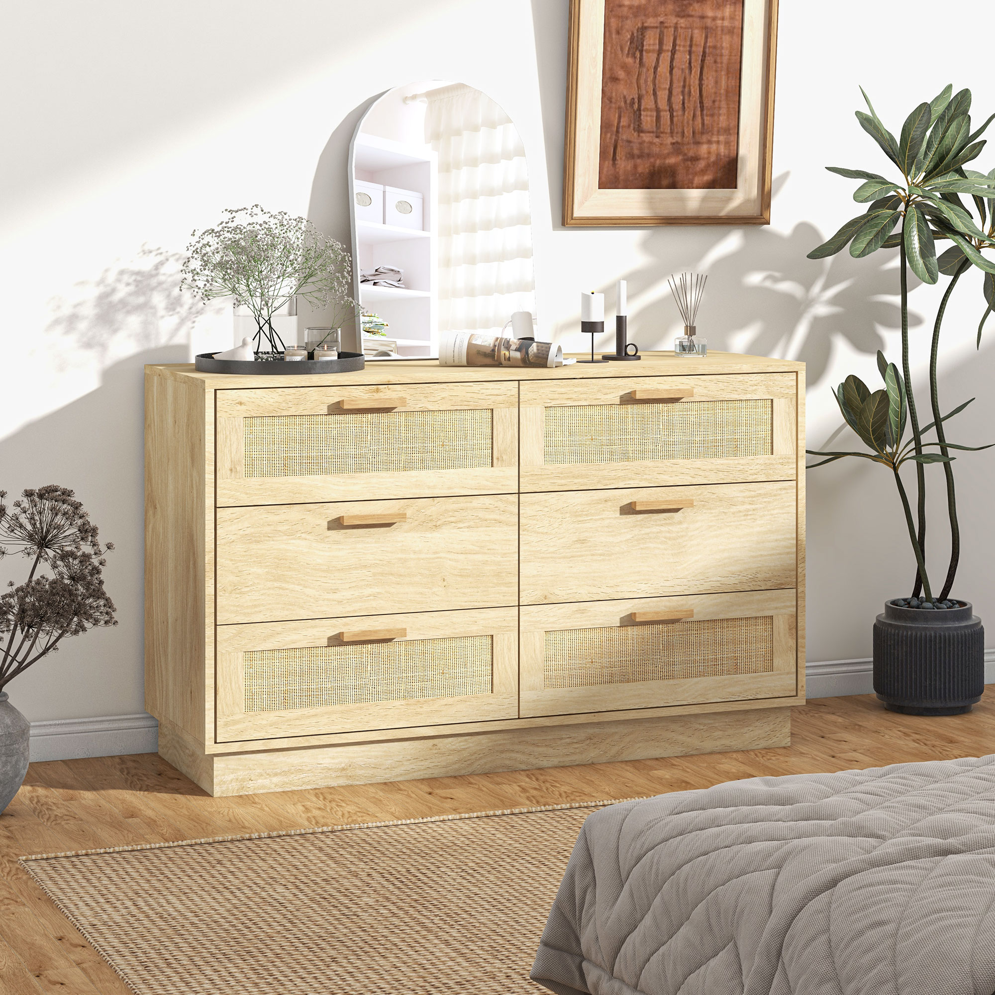 HOMCOM Cómoda para Quarto Cómoda de Madeira com 6 Gavetas de Vime ...