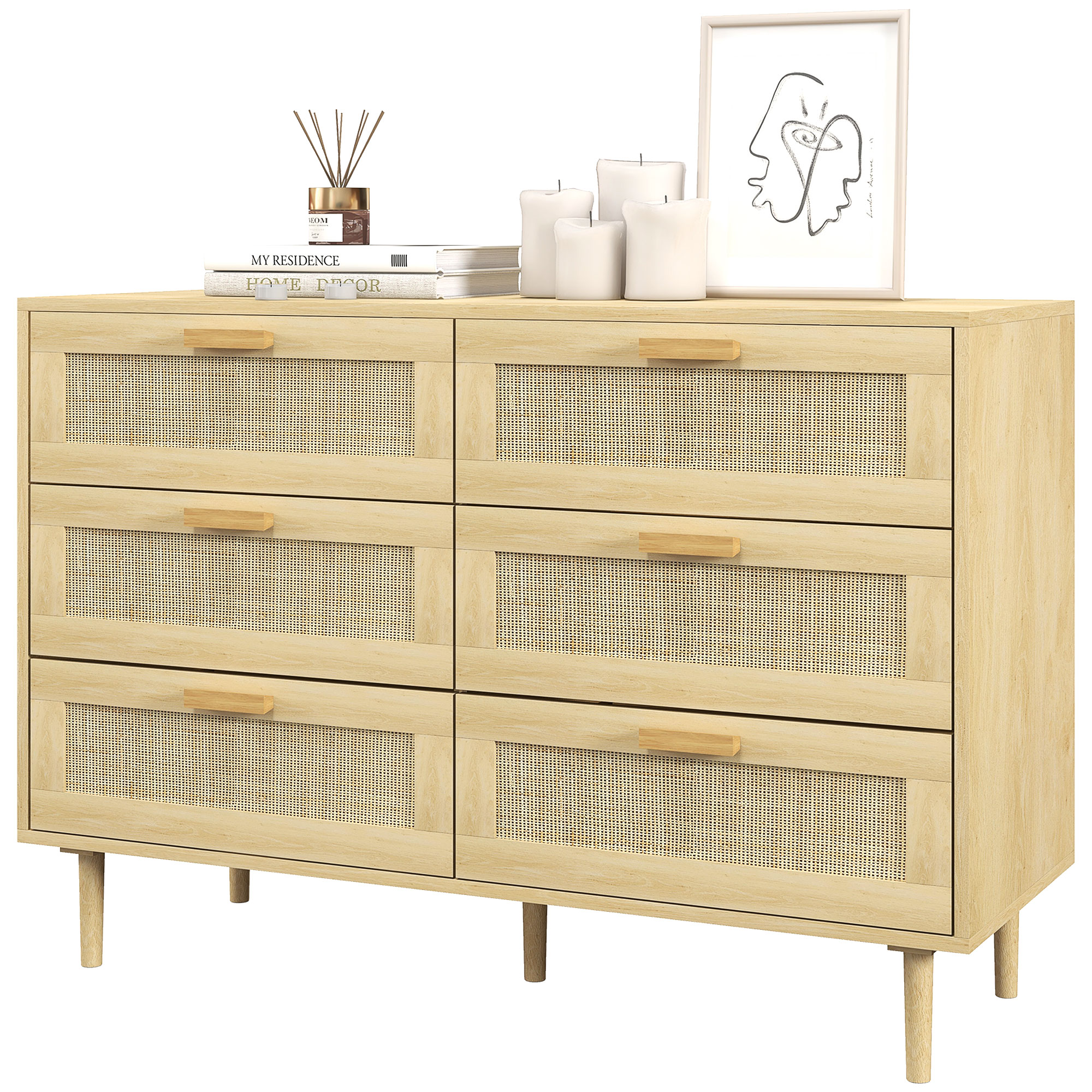 HOMCOM Commode 6 tiroirs meuble de rangement avec tissage en rotin dim ...