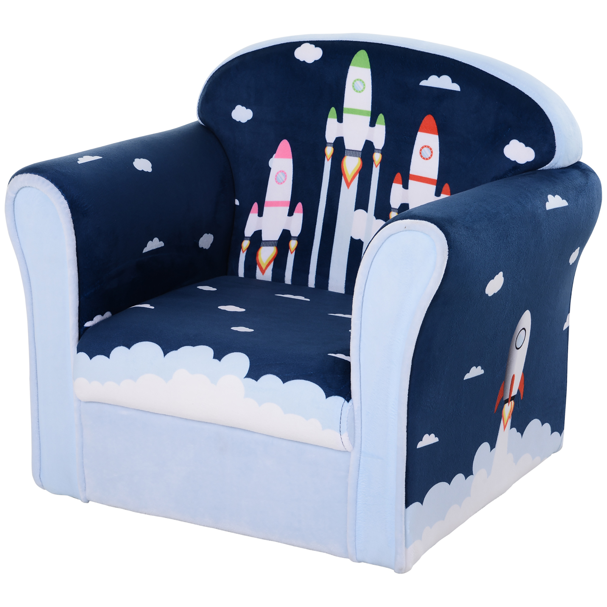 HOMCOM Kids Cartoon Rocket Wooden Frame Single Armchair Sofa Blue ...