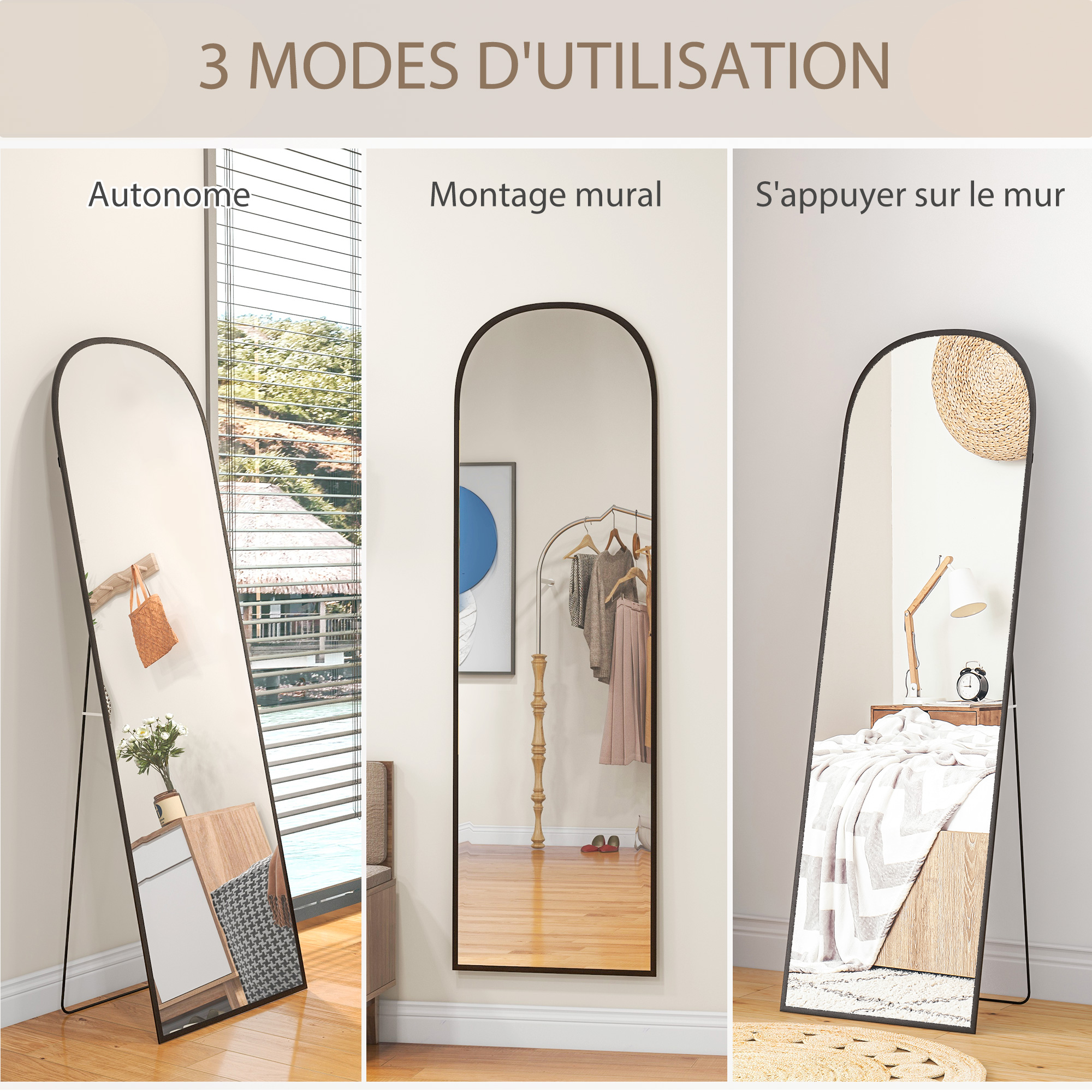 HOMCOM Miroir sur pied rectangulaire arrondi cadre en aluminium avec ...