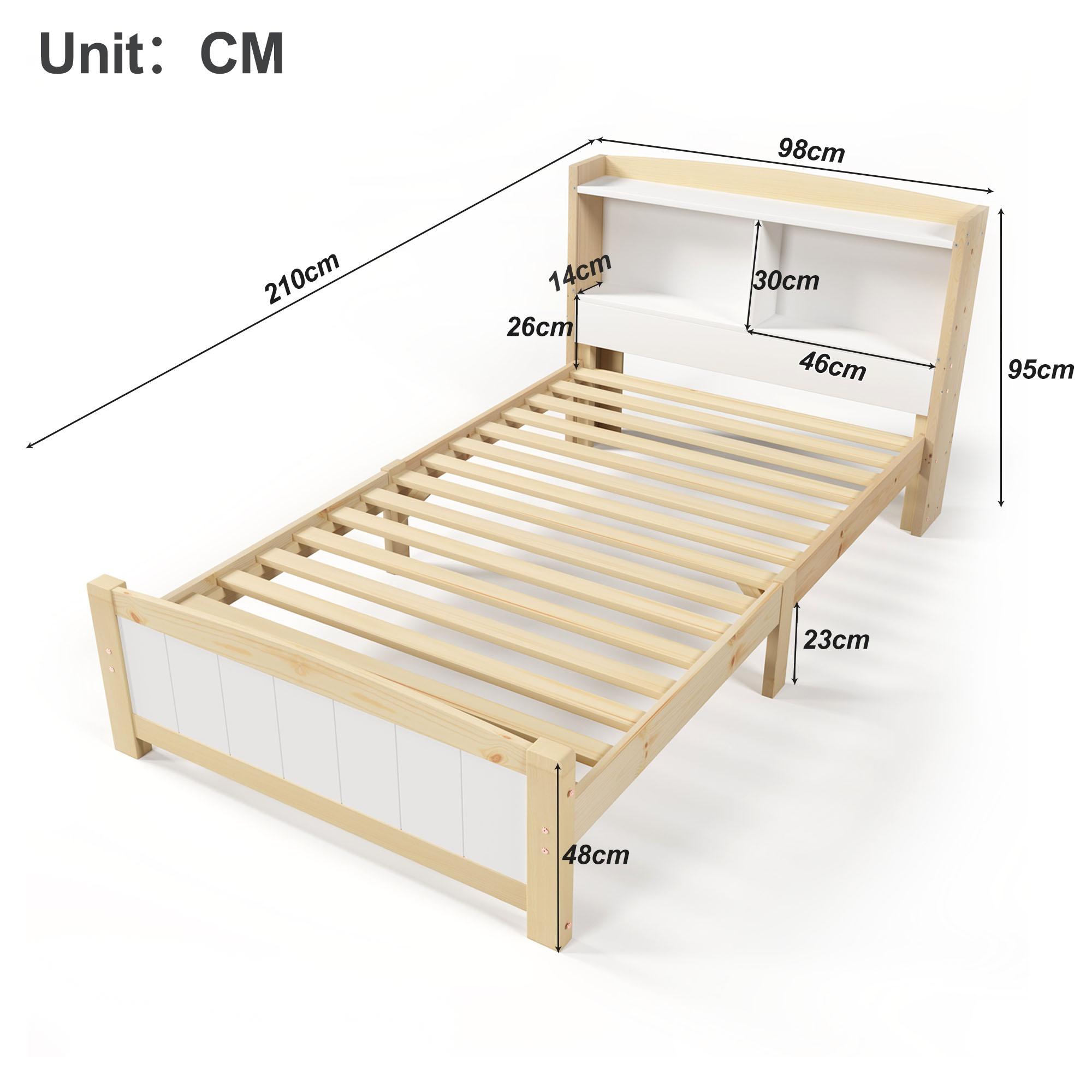Solid Wooden Single Bed Frame with Storage Headboard, White | Aosom UK