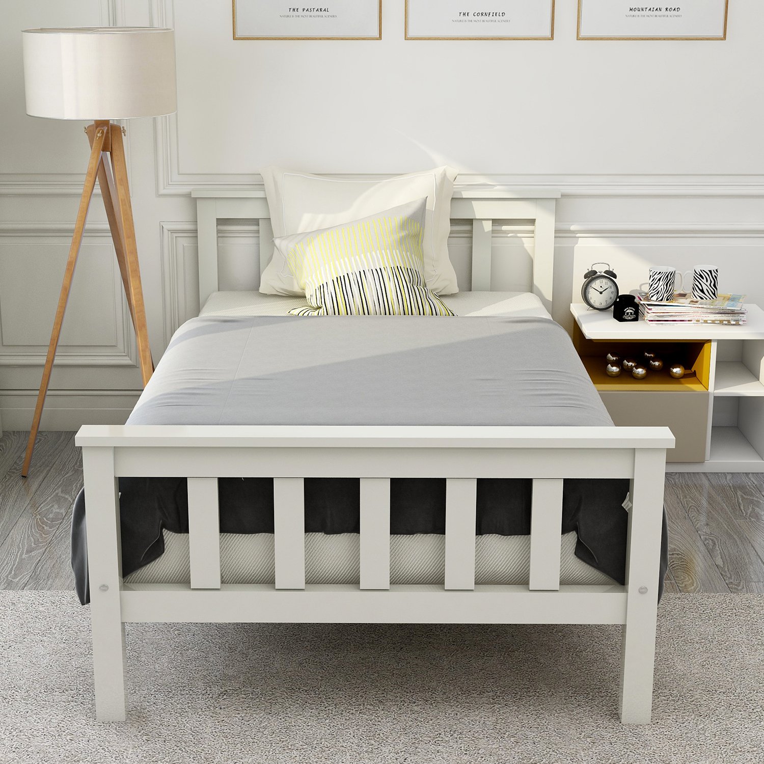 Solid Pine Wooden Single Bed Frame, White | Aosom UK