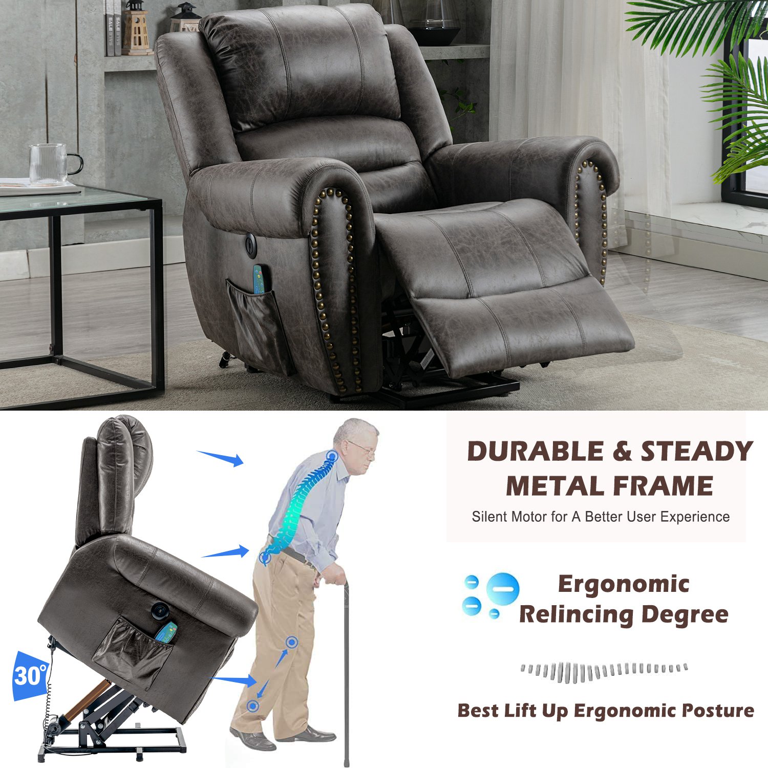 Large Power Lift Recliner Massage Chair with Heat Heavy Duty Electric Reclining Chair with USB Port and Side Pockets 104x106x102 cm Grey