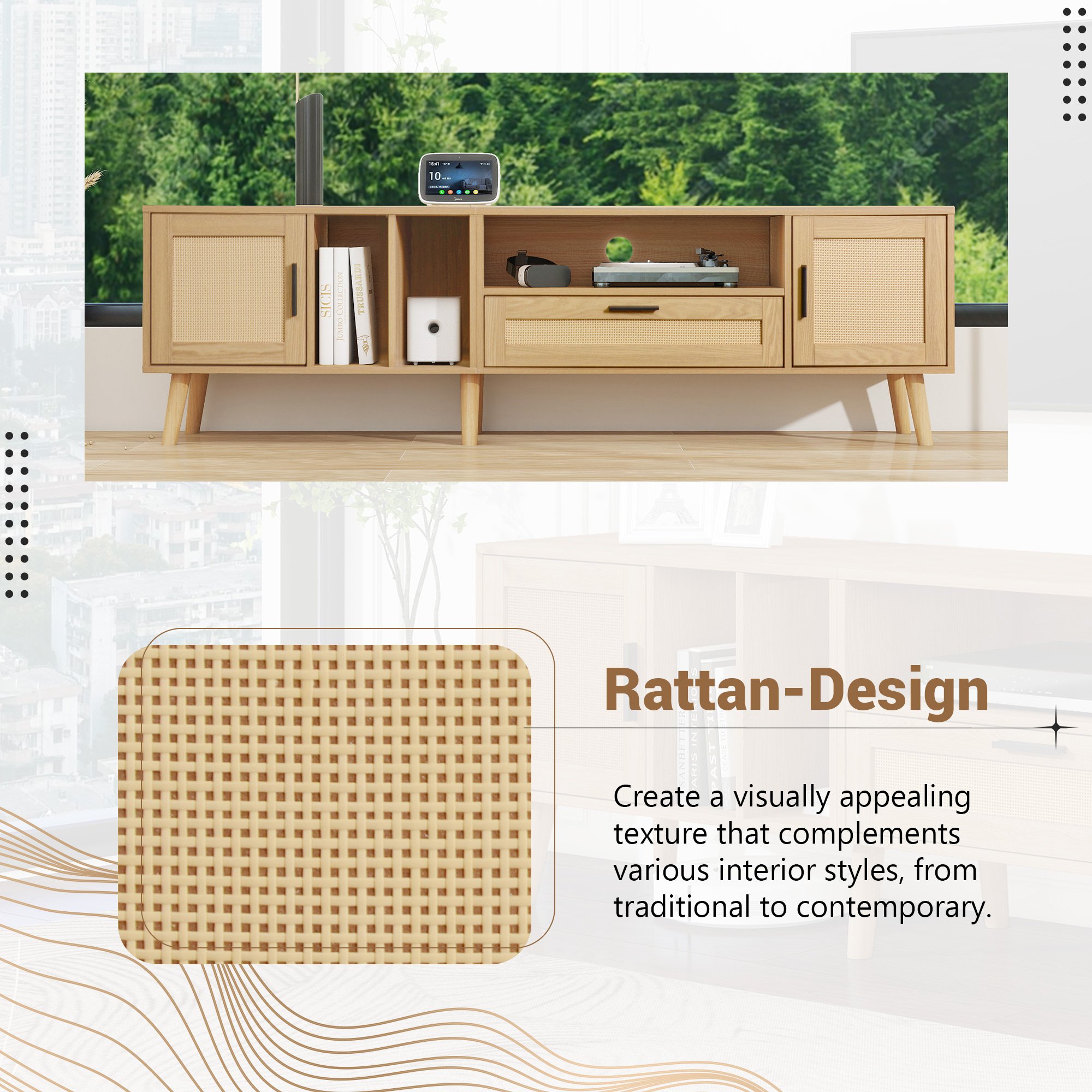 Spacious 180 cm Modern TV Stand with Rattan Decoration, Oak | Aosom UK