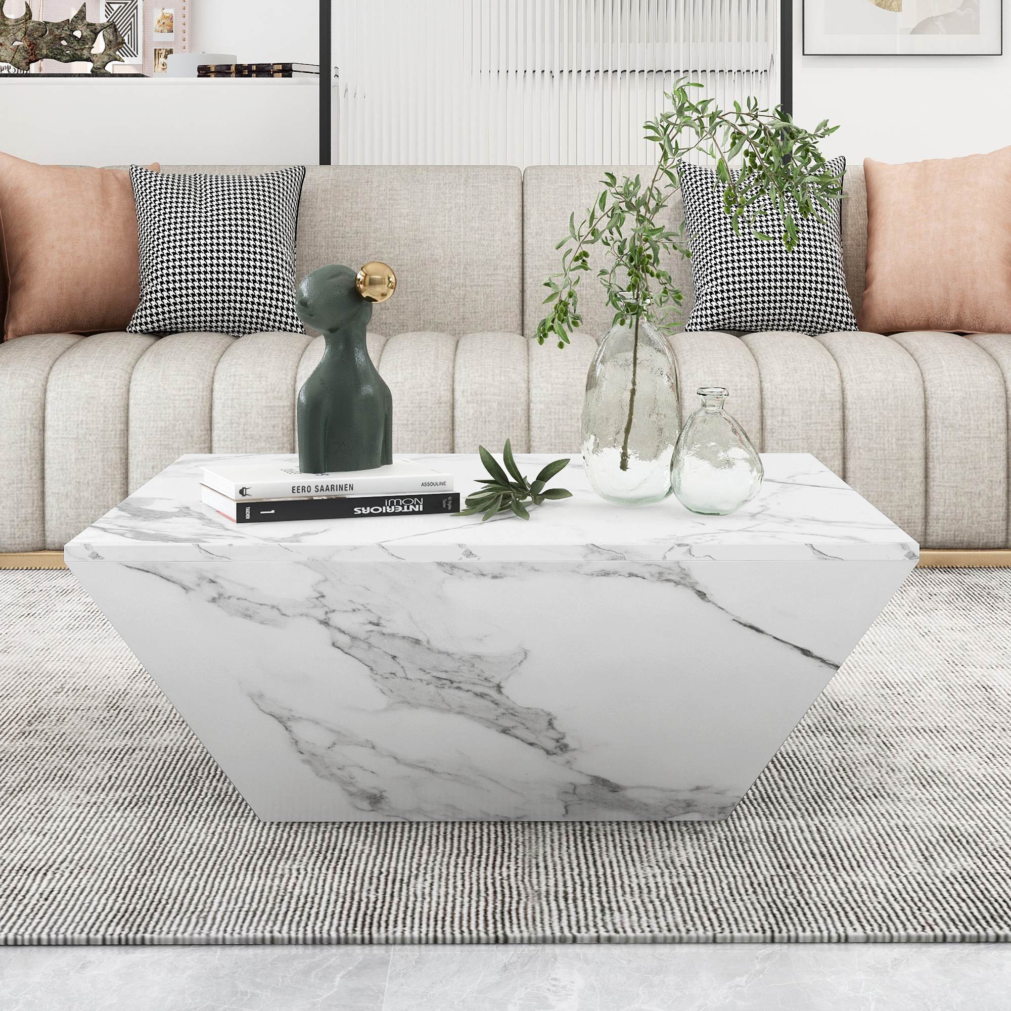 Table Basse Moderne Trapézoïdale en MDF avec Finition Marbre, Blanc ...