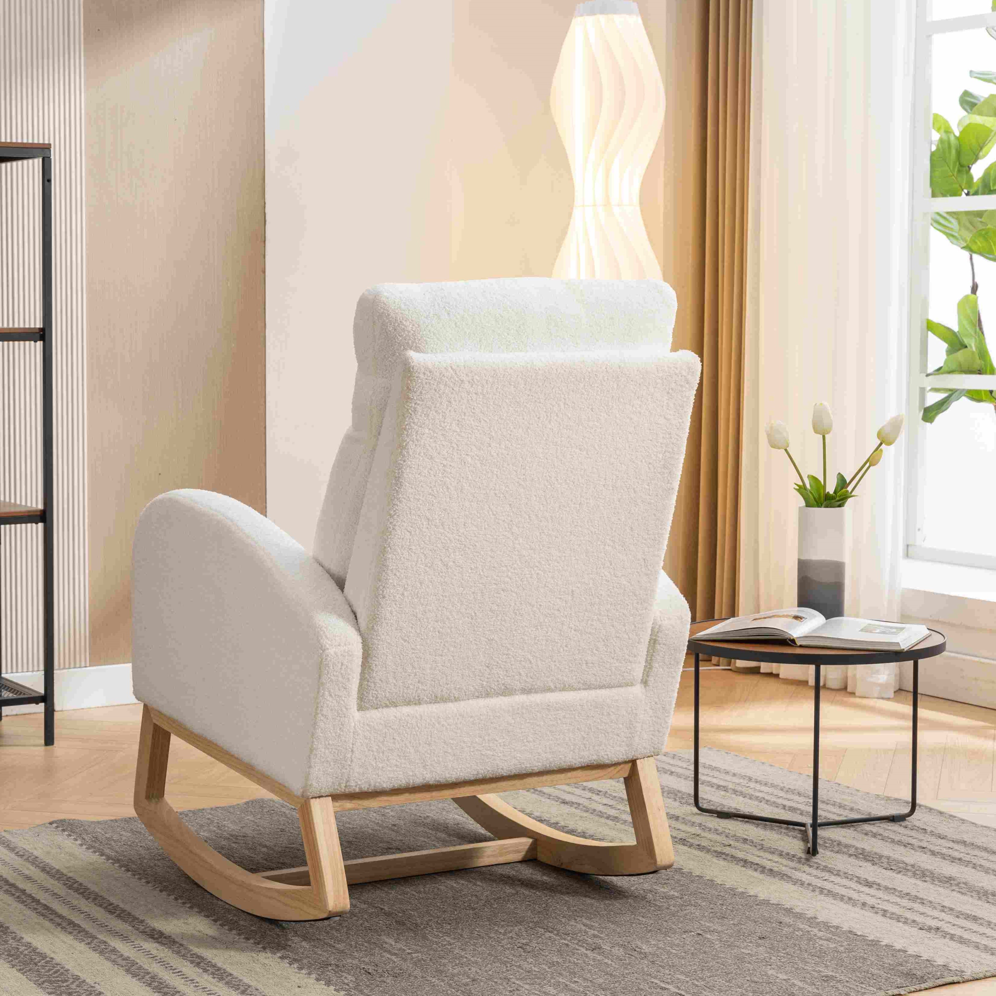 Modern Accent Rocking Chair with Solid Wood Legs, Beige