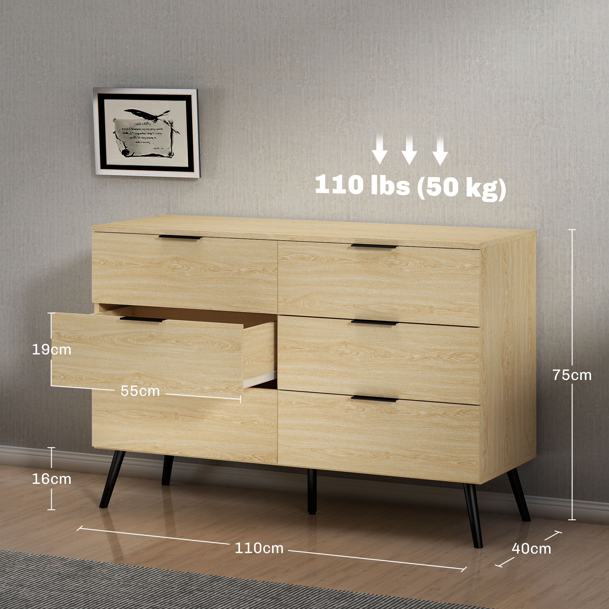 HOMCOM Cómoda com 6 Gavetas Cómoda para Dormitório Cómoda Moderna com ...