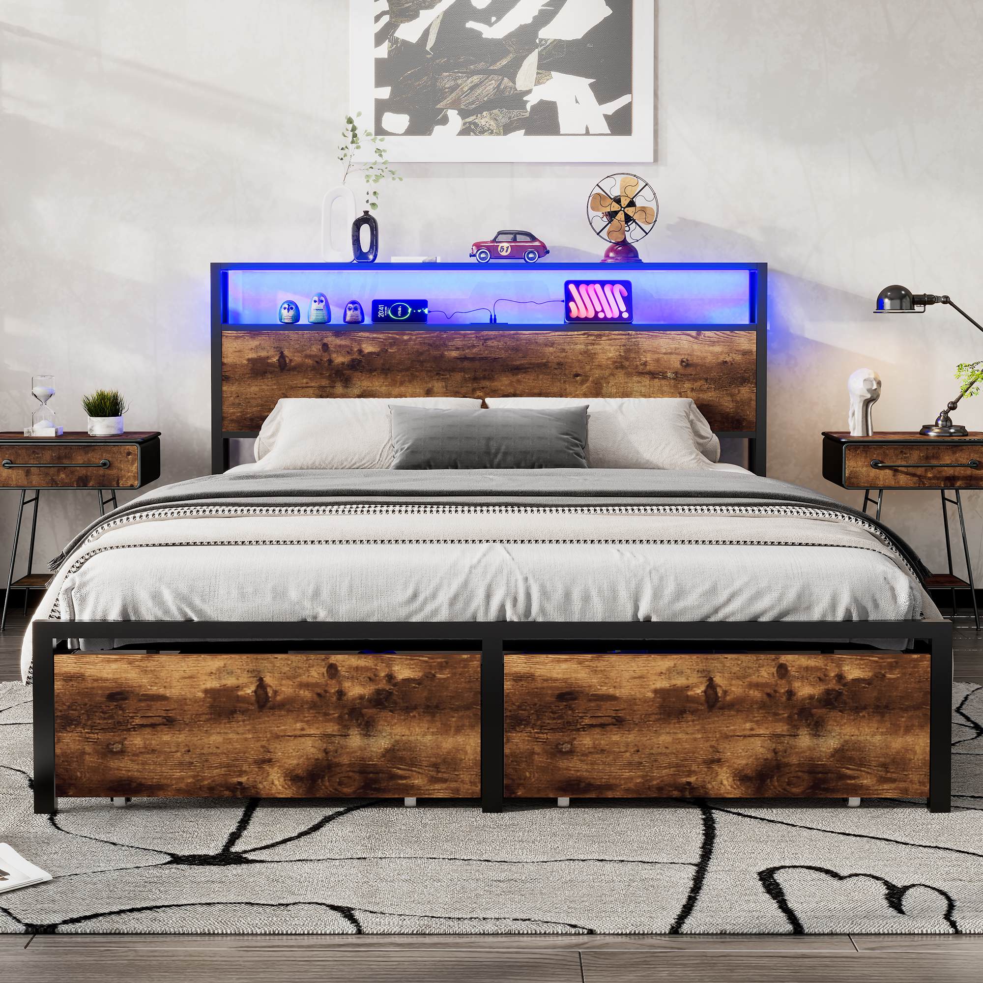 Metal Double Bed with LED Light Strip, Black + Dark Walnut | Aosom UK