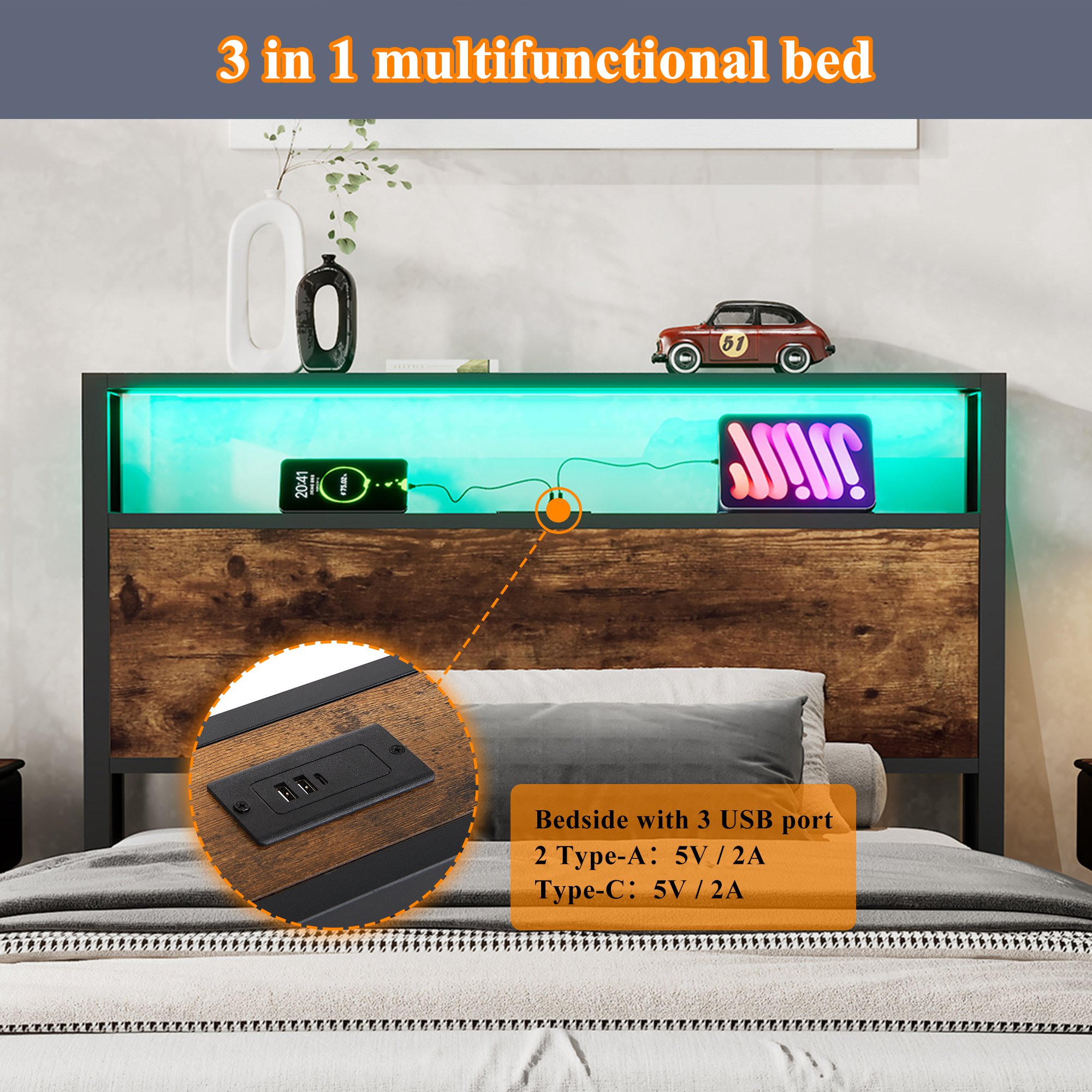Single Metal Bed with LED Light Strip, Black + Dark Walnut | Aosom UK