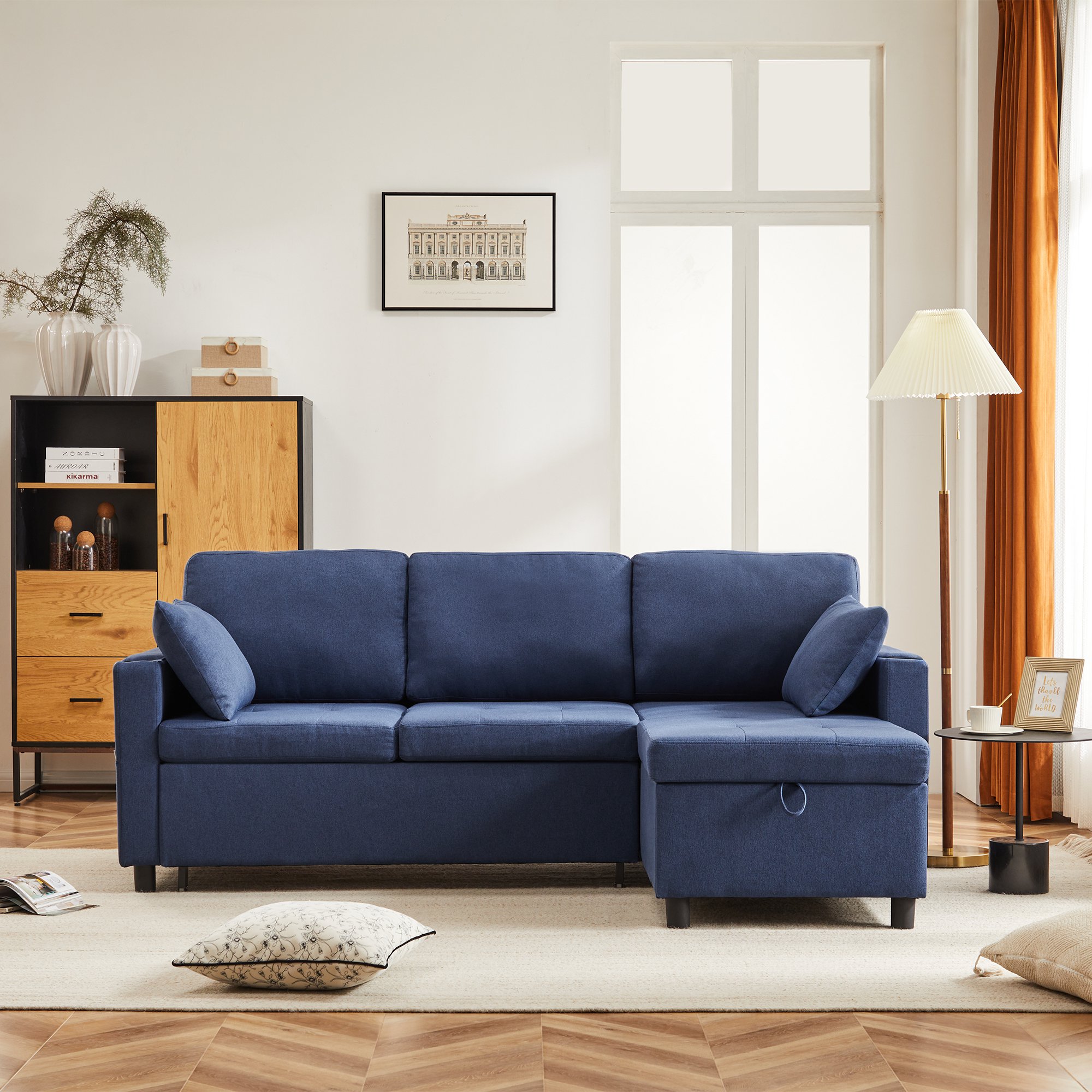 Divano Letto Matrimoniale Multifunzionale L-Shape con Chaise Longue Reversibile, Blu | Aosom Italy