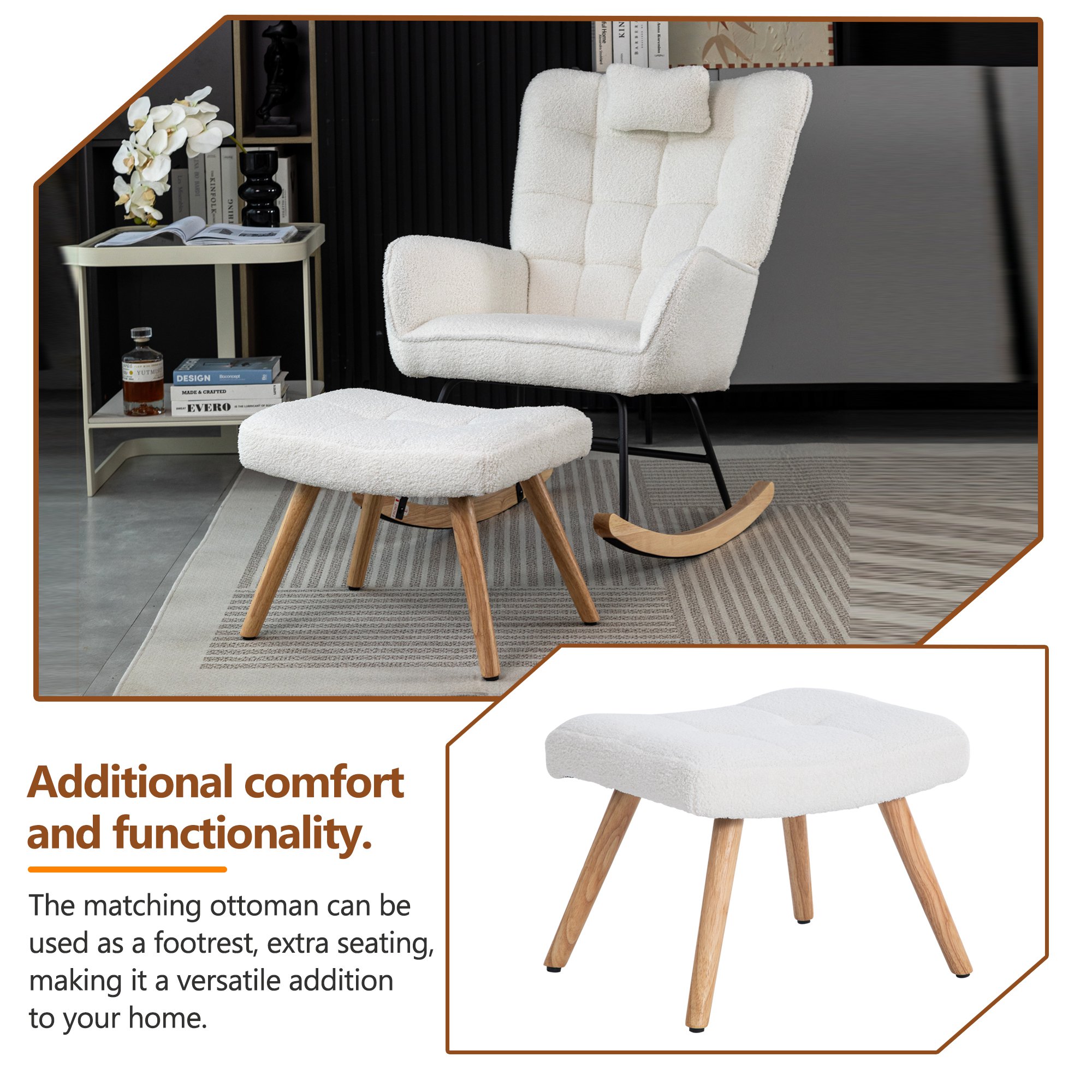 Ergonomic Design Rocking Chair with Footstool, White | Aosom UK