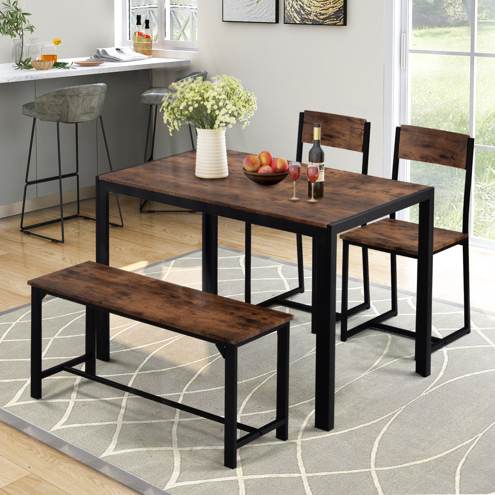 Industrial Dining Table and Chairs Set with Bench, Brown | Aosom UK