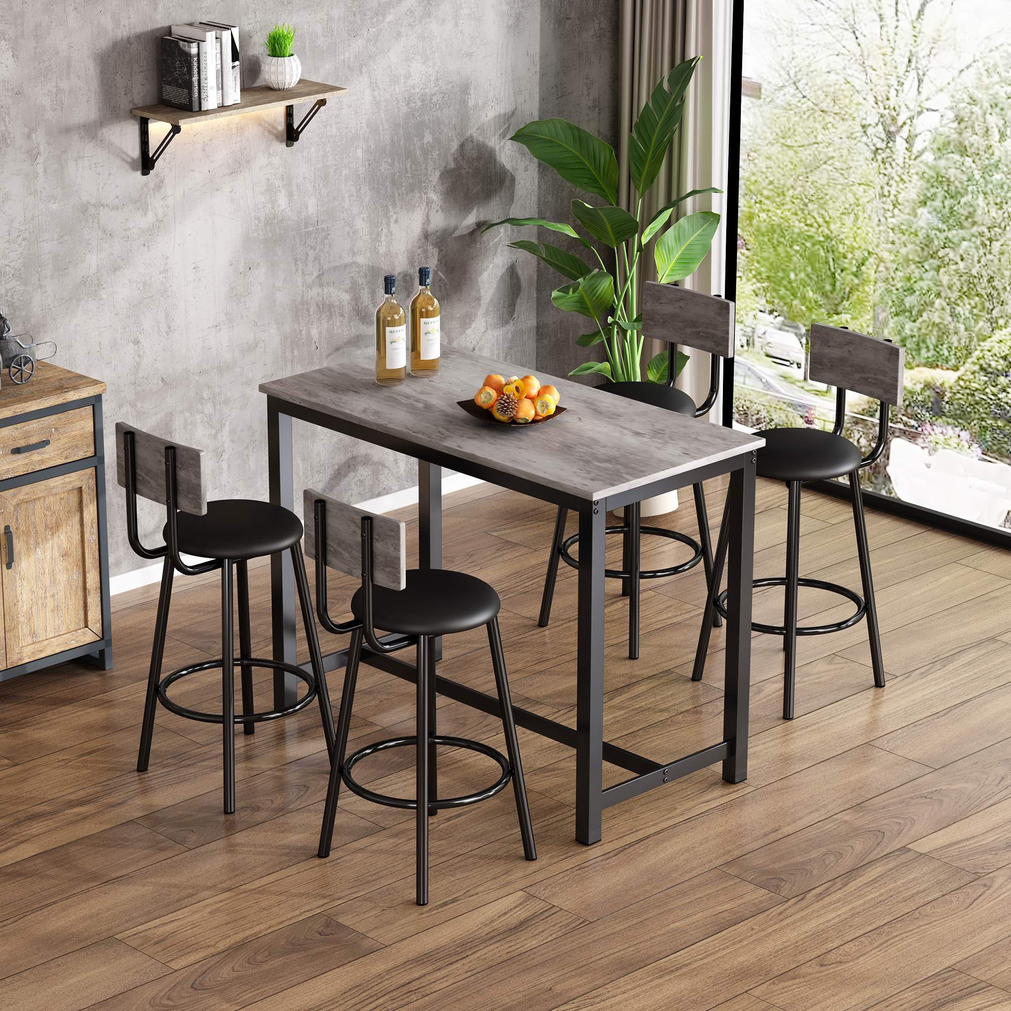 Industrial 3 Piece Bar Table Set with 4 Chairs, Black+Grey | Aosom UK