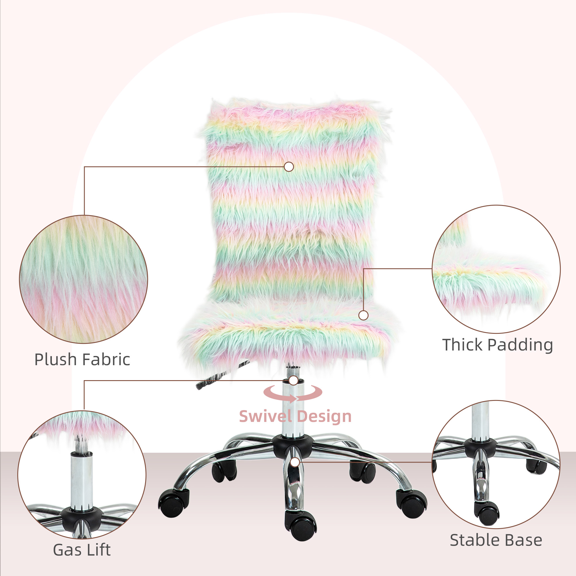 HOMCOM Armless Computer Desk Chair, Fluffy Fabric Swivel Office Chair ...