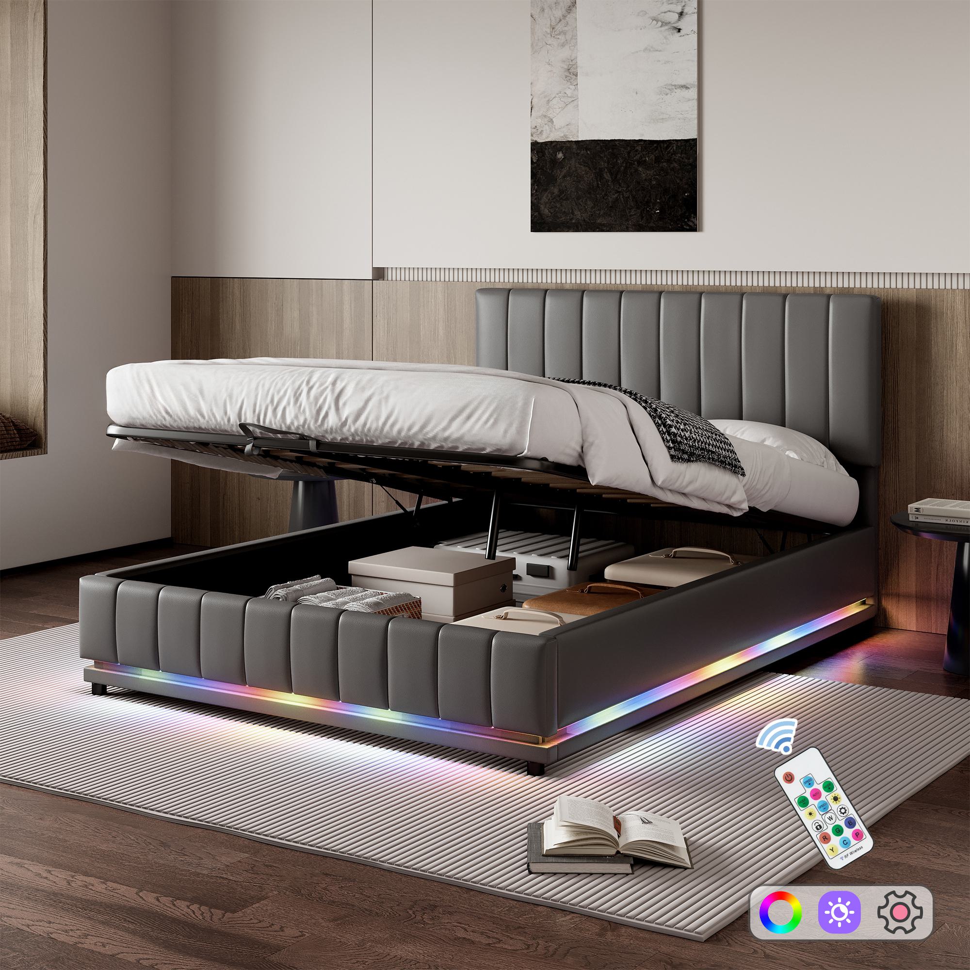 PU Leather Ottoman Upholstered Double Bed with LED Lighting, Grey ...