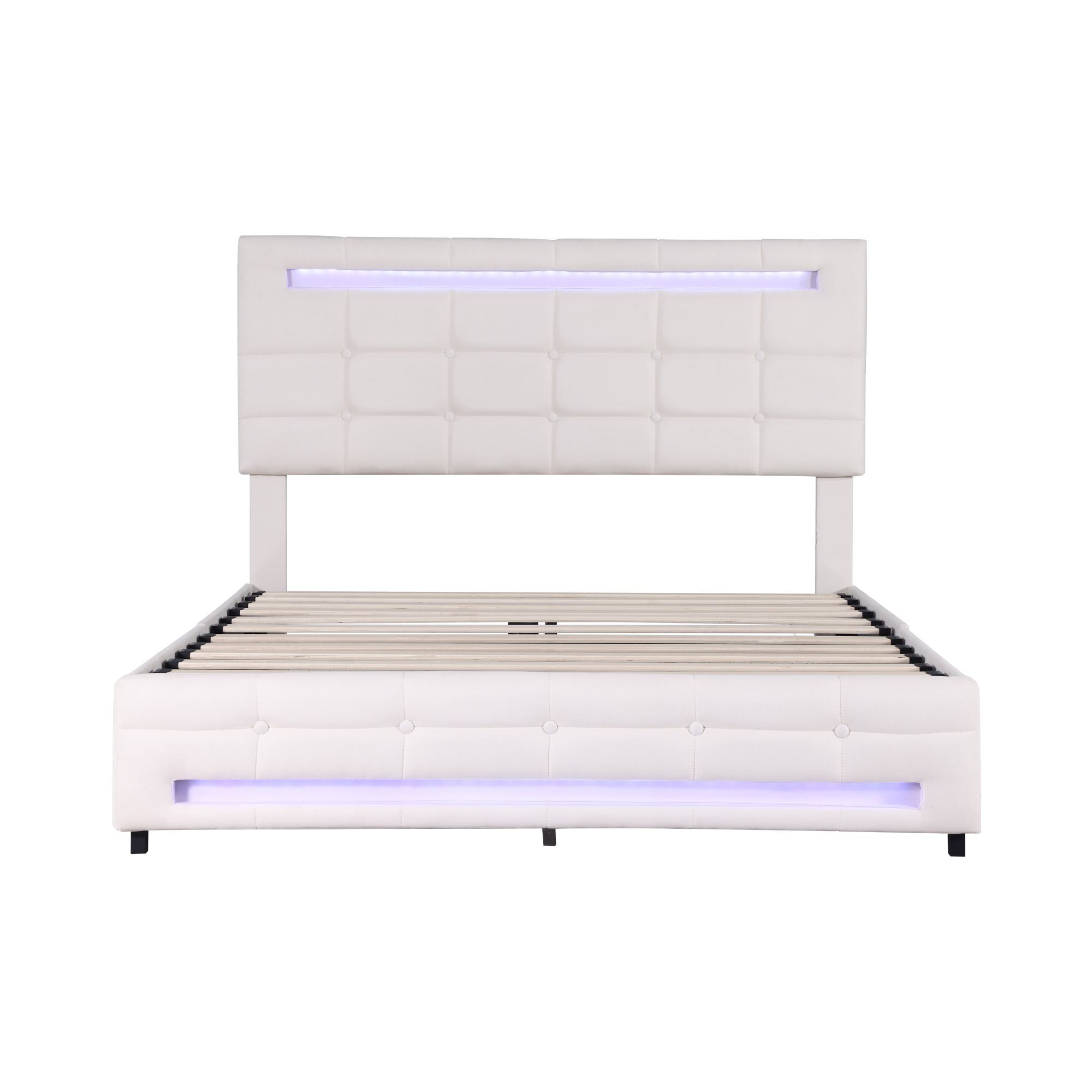 Double Upholstered Bed with LED Lighting and Storage Drawers, Beige ...