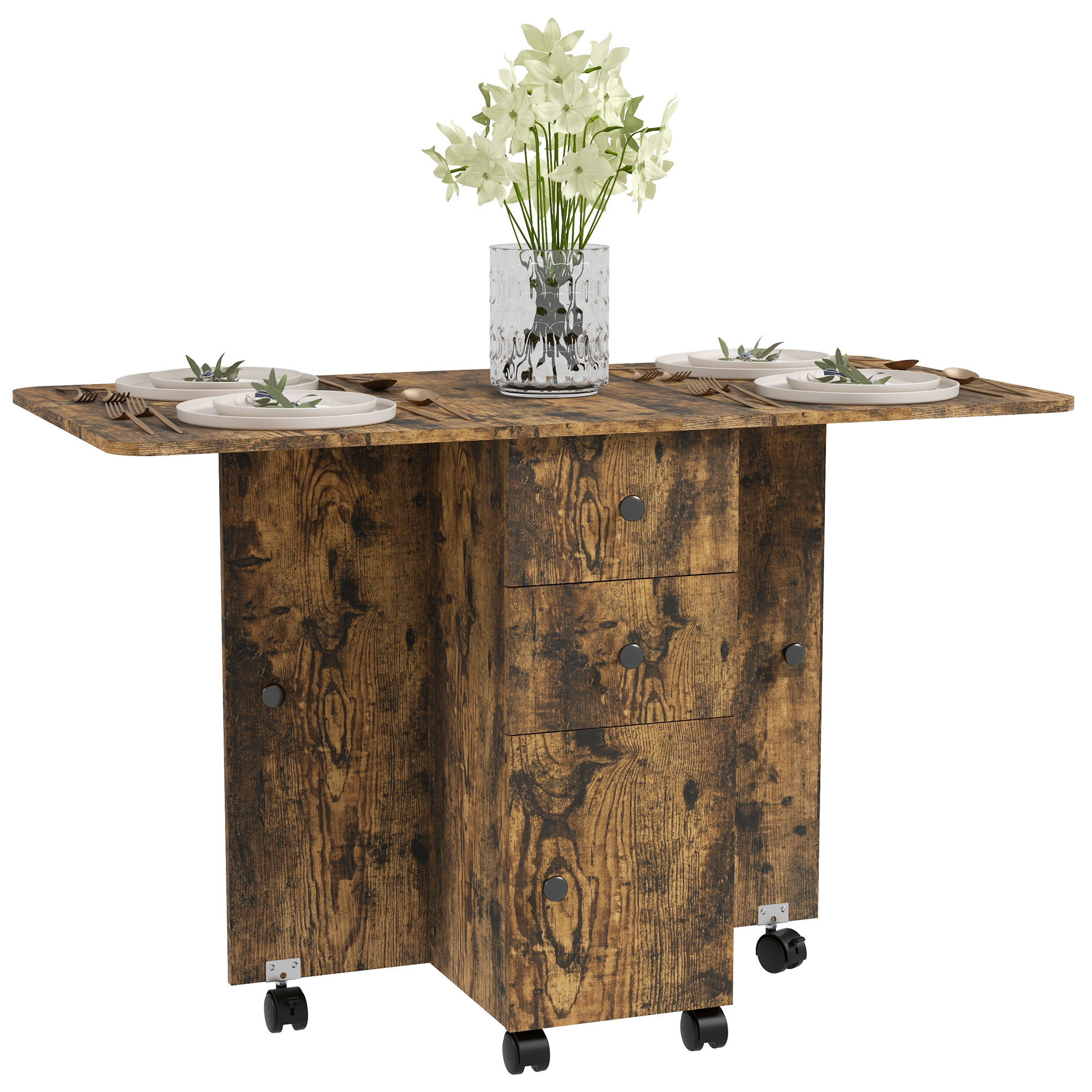 HOMCOM Multi-Storage Six-Person Drop Leaf Dining Table - Rustic Brown ...
