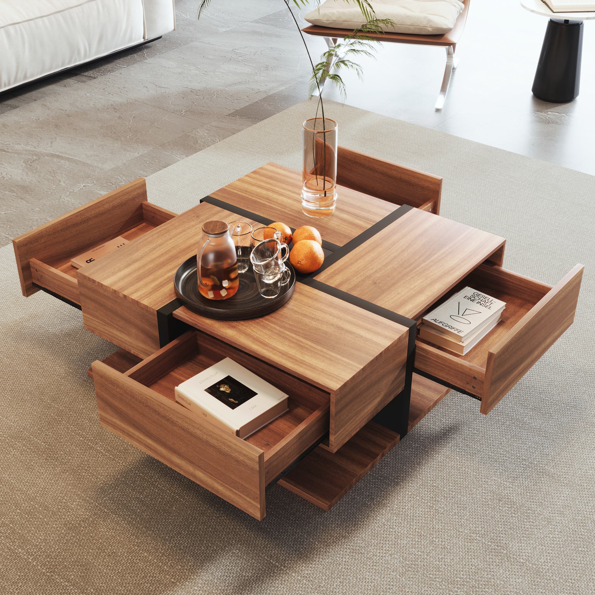 Square Coffee Table with 4 Drawers, Natural | Aosom UK